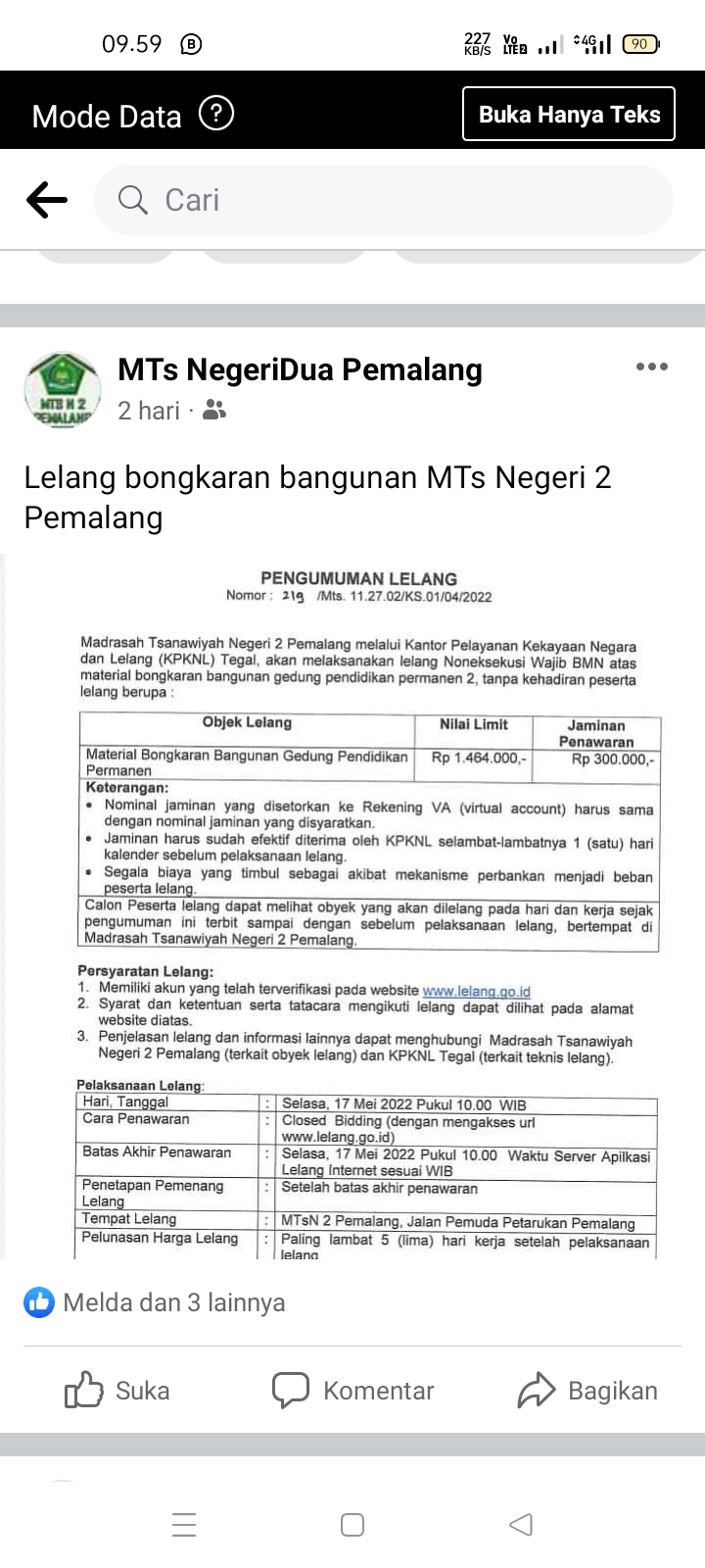 Lelang bongkaran bangunan MTs N 2 Pemalang | MTs Negeri 2 Pemalang